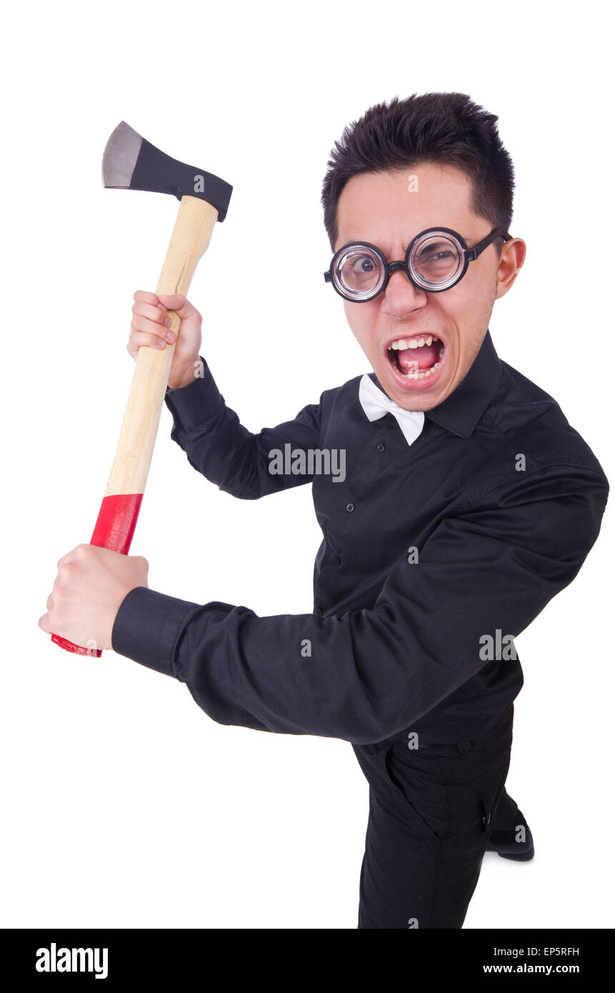 Funny man with axe on white Stock Photo - Alamy