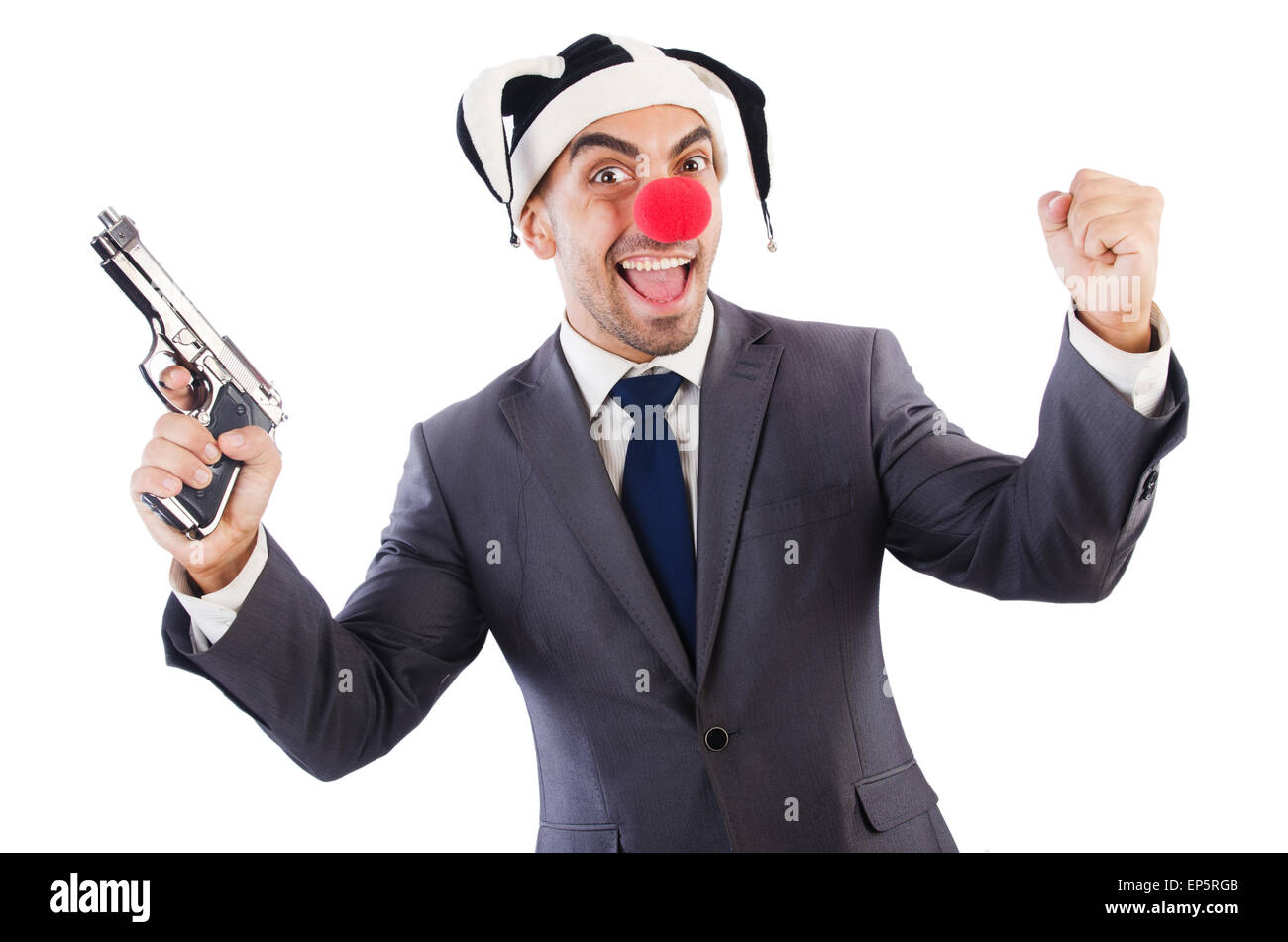 Businessman clown with gun isolated on white Stock Photo - Alamy