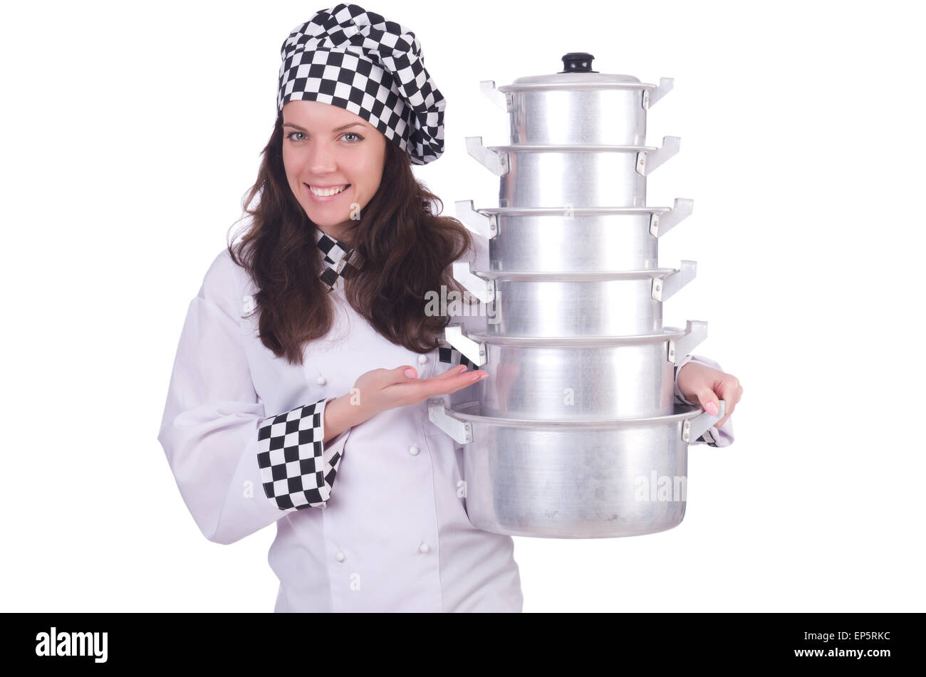 Cook with stack of pots on white Stock Photo - Alamy