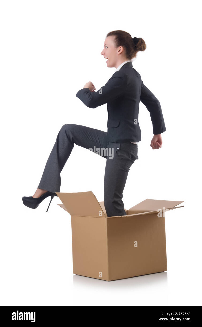 Woman with boxes on white Stock Photo - Alamy