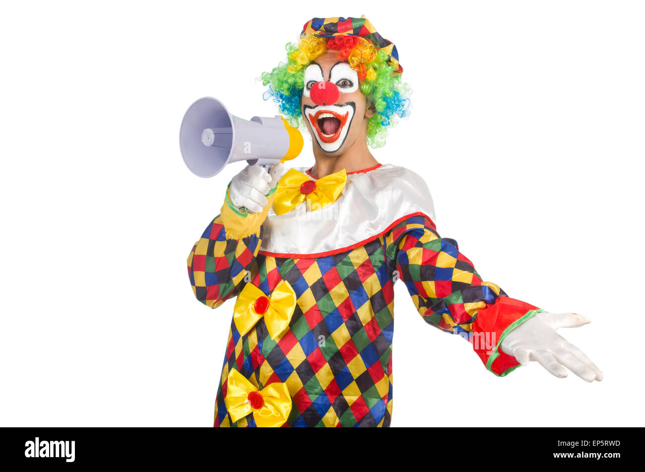 Clown with loudspeaker on white Stock Photo - Alamy