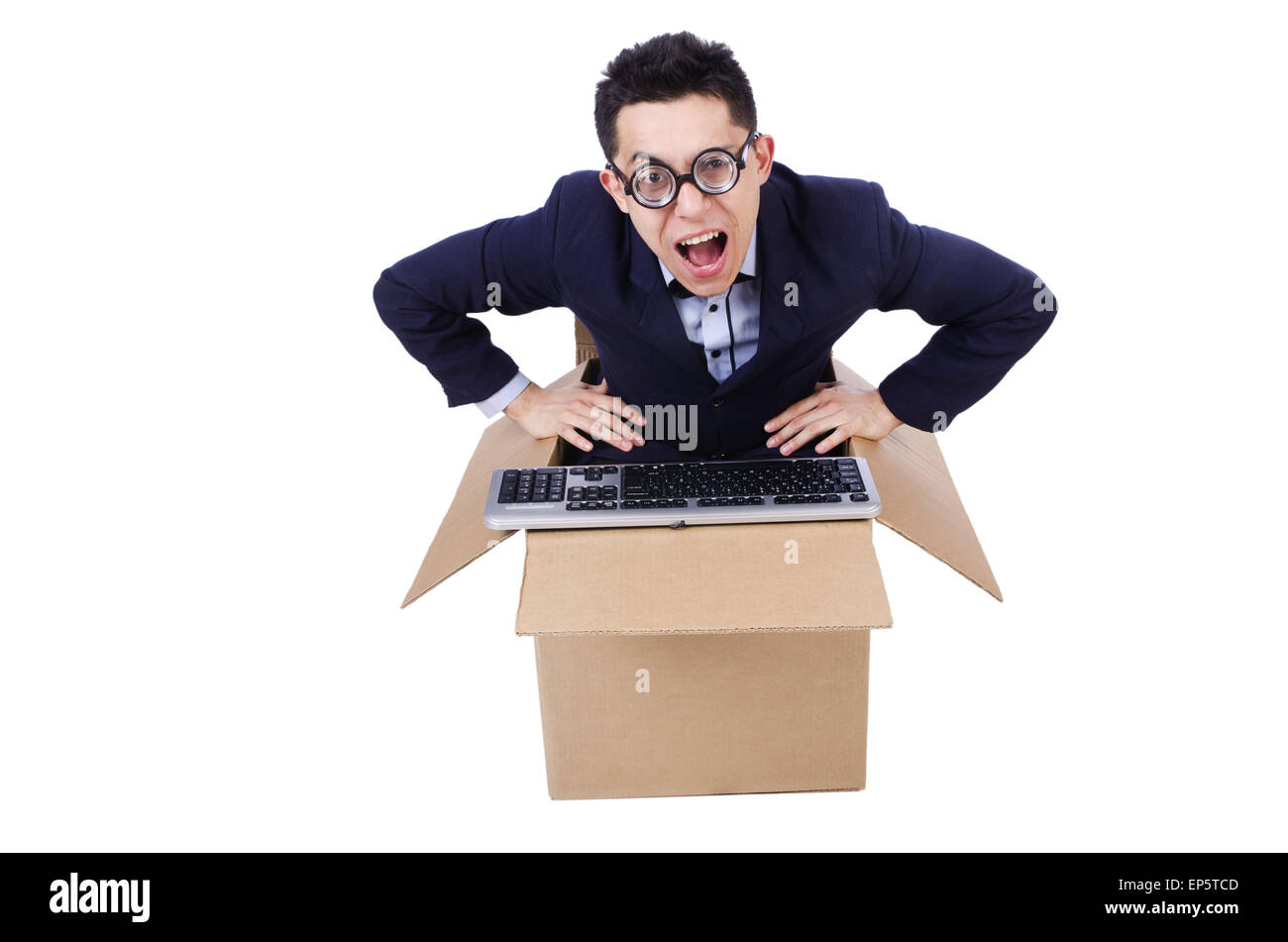 Funny computer geek sitting in the box Stock Photo - Alamy