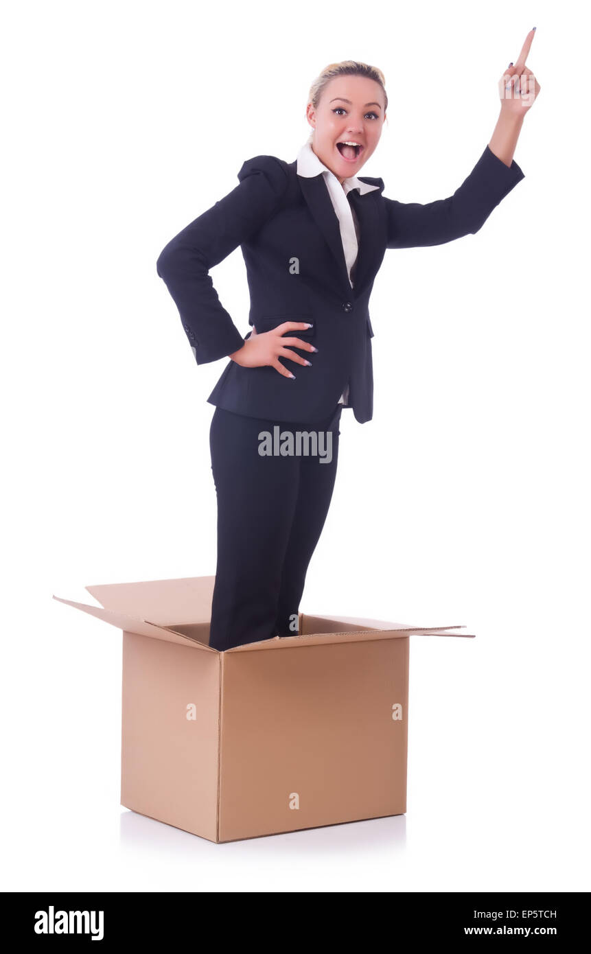 Woman with boxes on white Stock Photo - Alamy