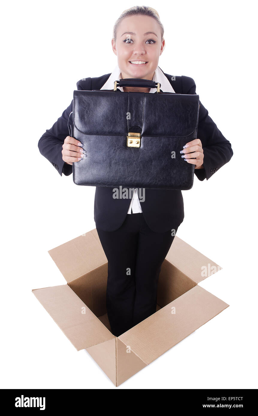 Woman with boxes on white Stock Photo - Alamy
