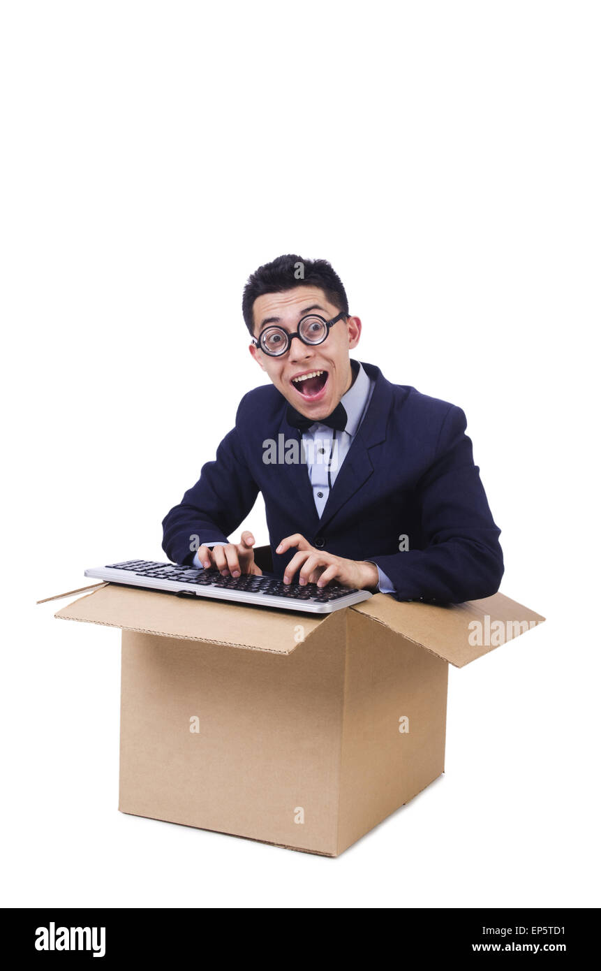 Funny computer geek sitting in the box Stock Photo - Alamy