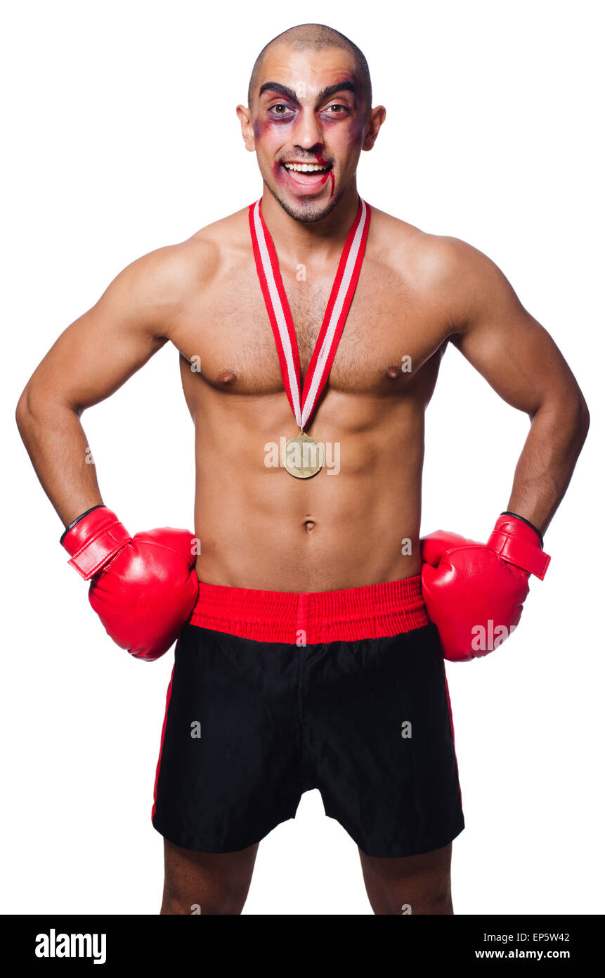 Badly beaten boxer isolated on white Stock Photo - Alamy