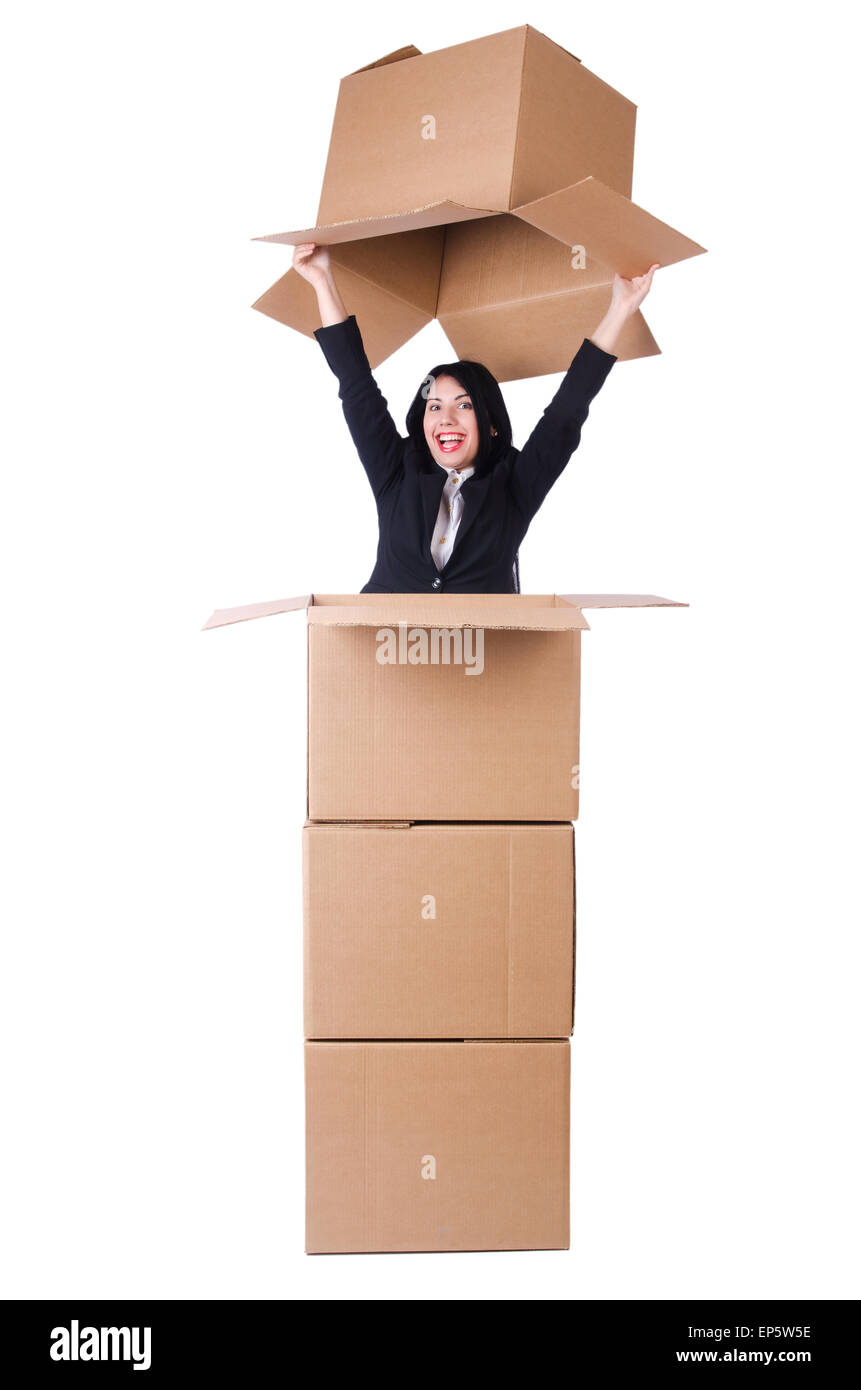 Woman with lots of boxes on white Stock Photo - Alamy