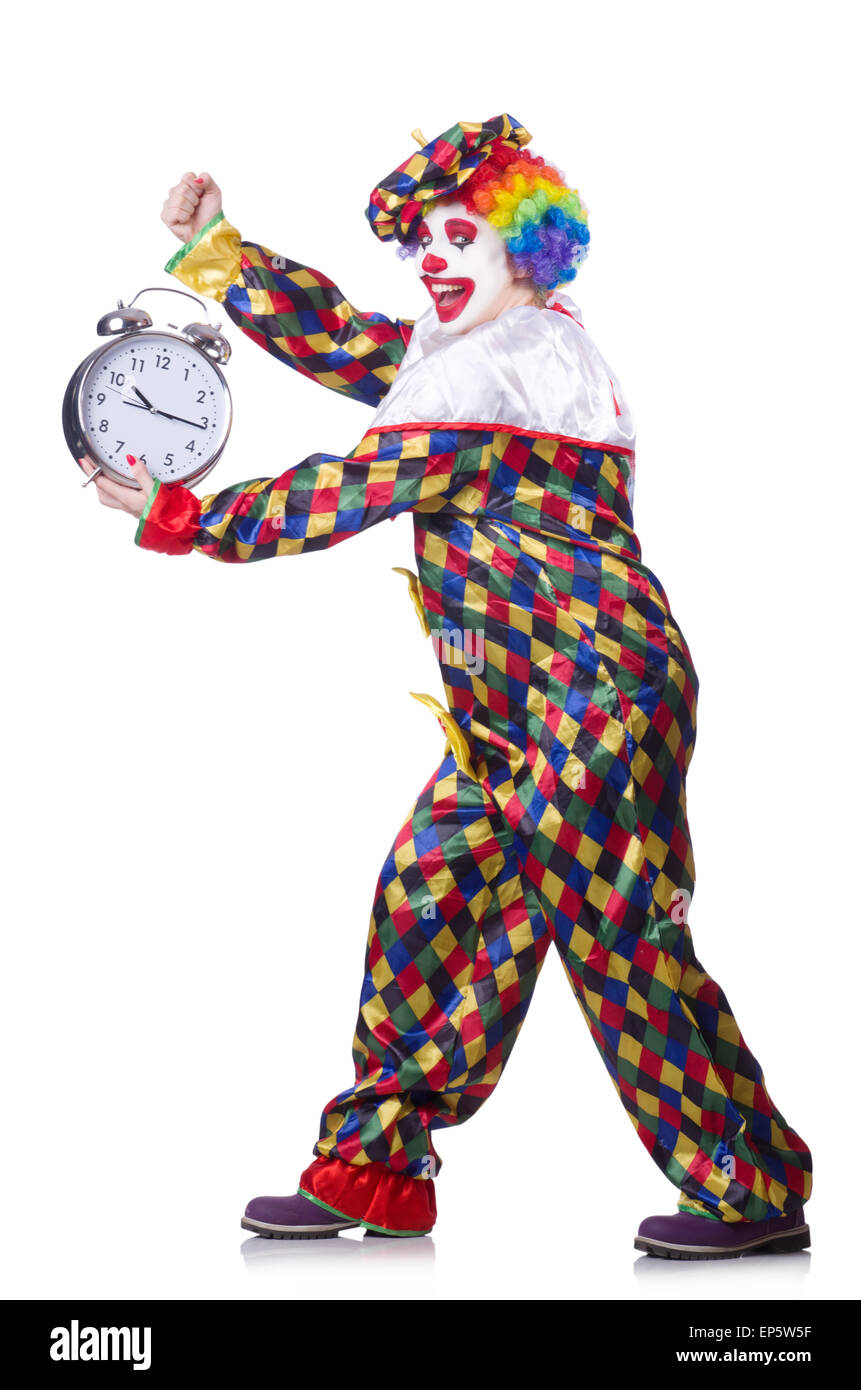Clown with alarm clock isolated on white Stock Photo - Alamy
