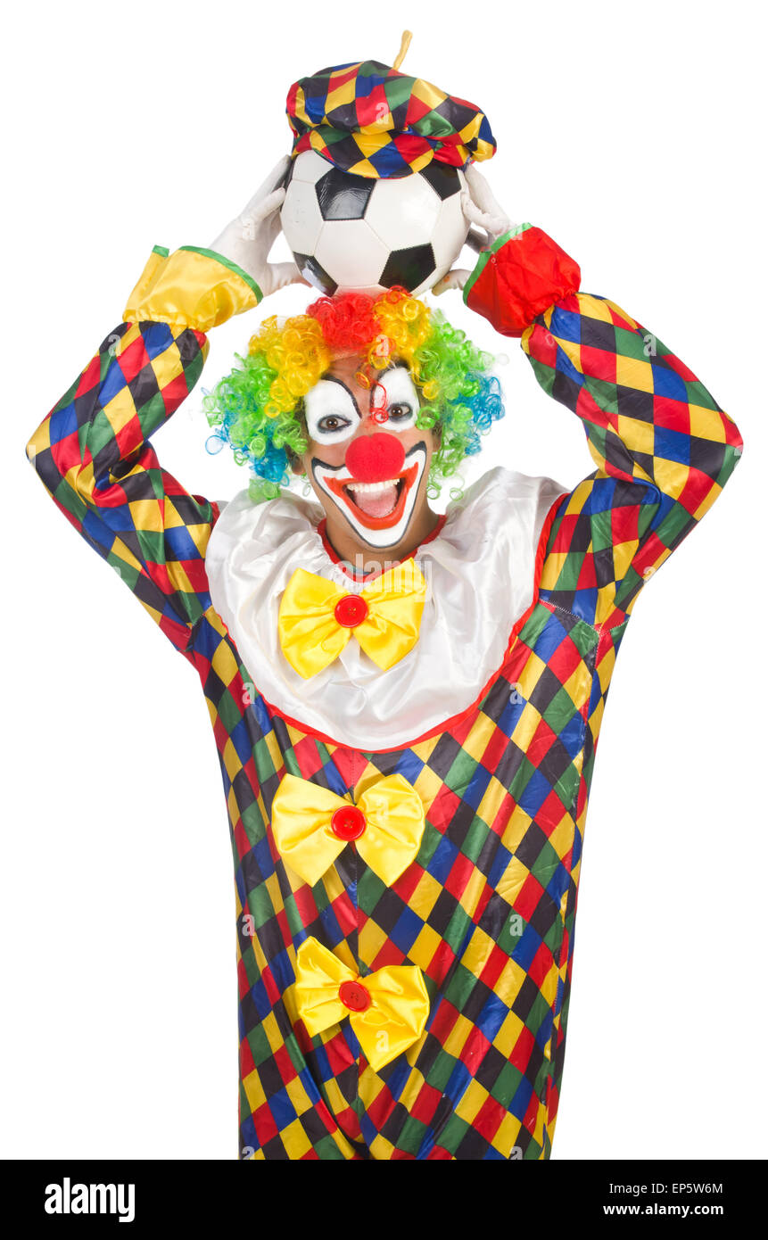 Clown with football ball on white Stock Photo - Alamy
