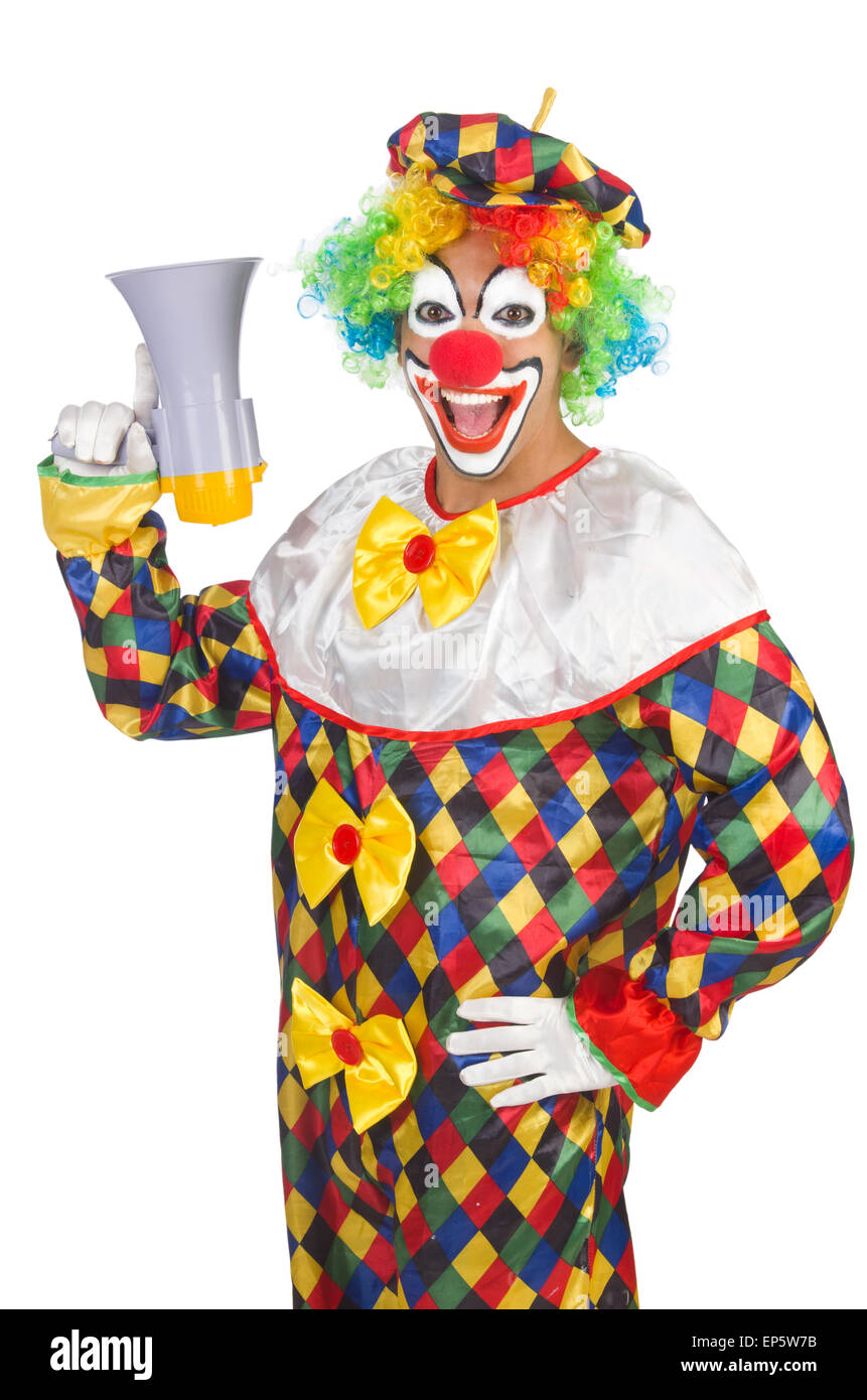 Clown with loudspeaker on white Stock Photo - Alamy