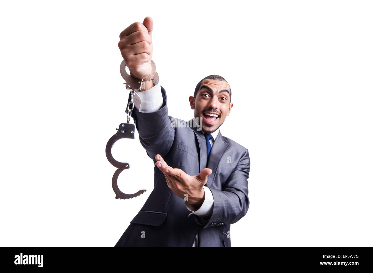 Funny businessman with handcuffs on white Stock Photo - Alamy