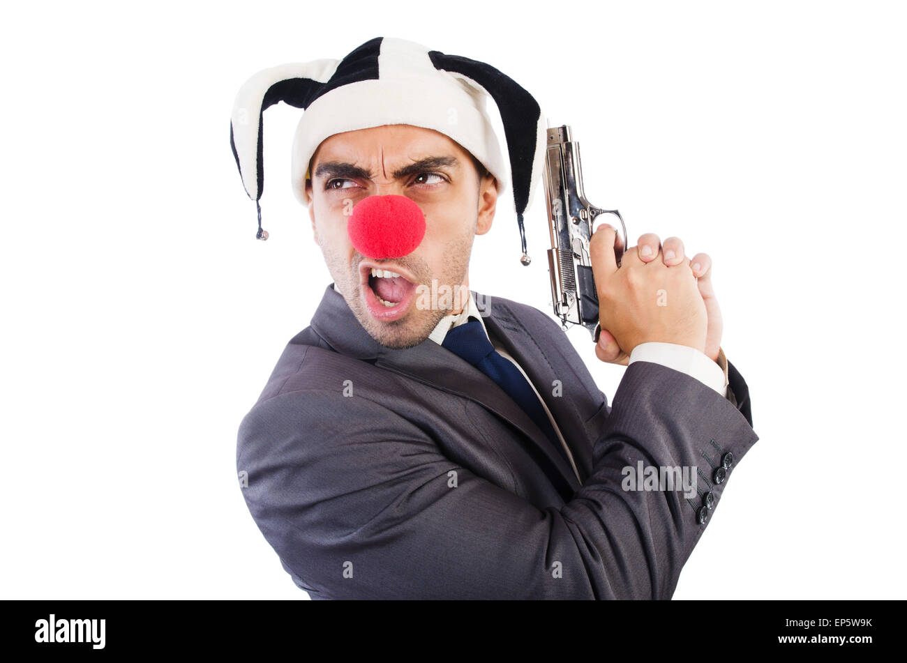 Businessman clown with gun isolated on white Stock Photo - Alamy