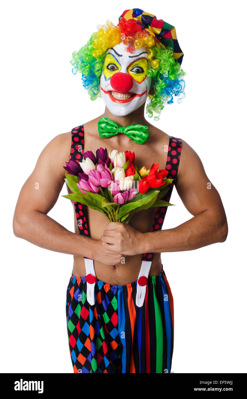 Clown with flowers on white Stock Photo - Alamy