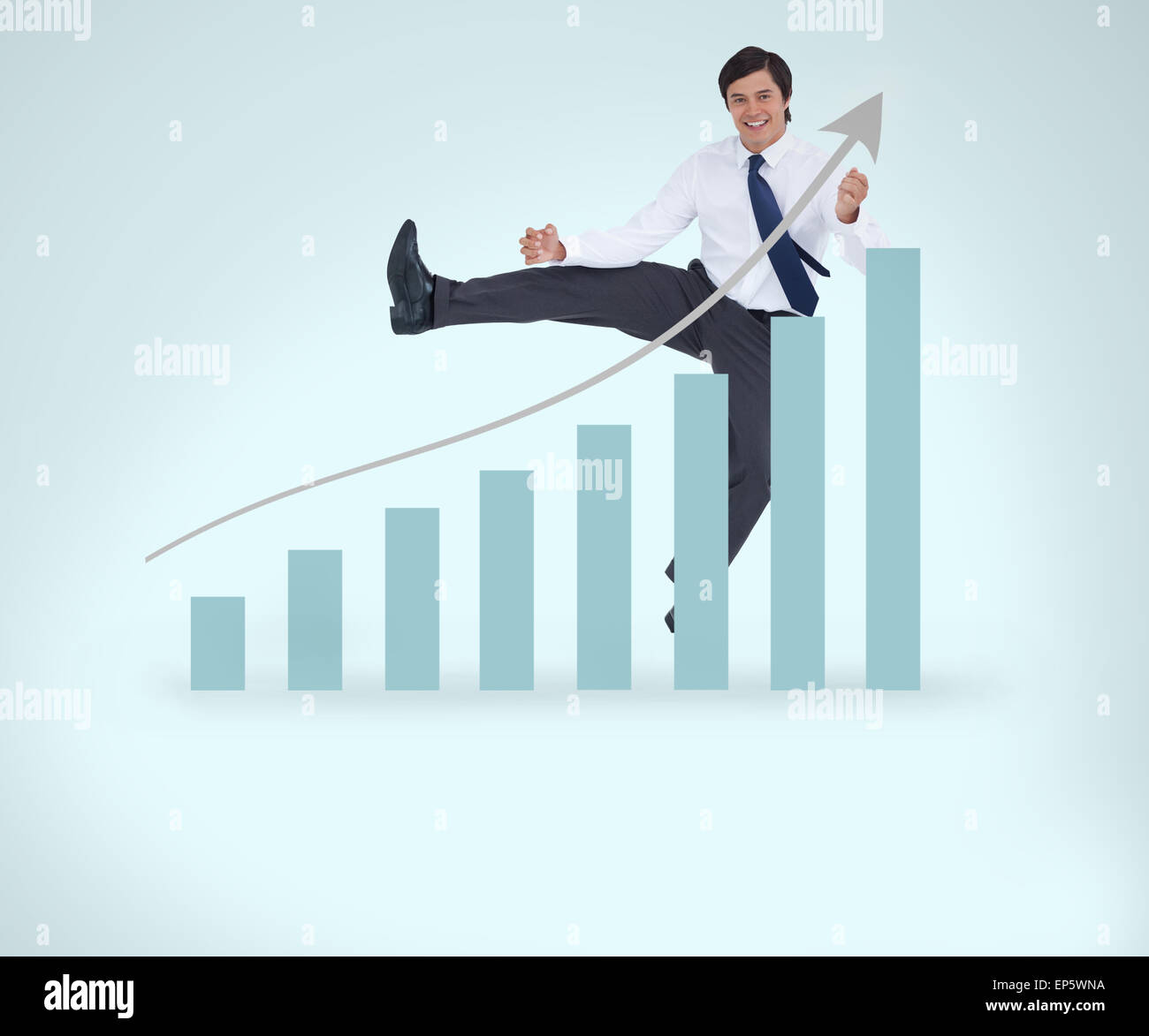 Smiling businessman jumping over the graphical presentation Stock Photo ...