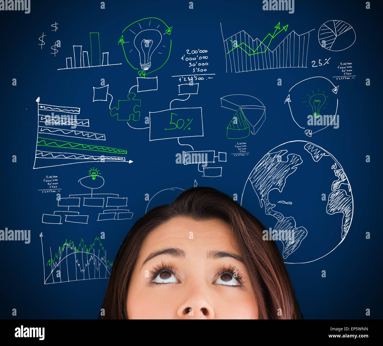 Woman standing against a picture of computations Stock Photo - Alamy