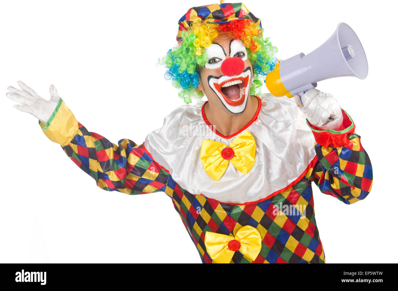Clown with loudspeaker on white Stock Photo - Alamy