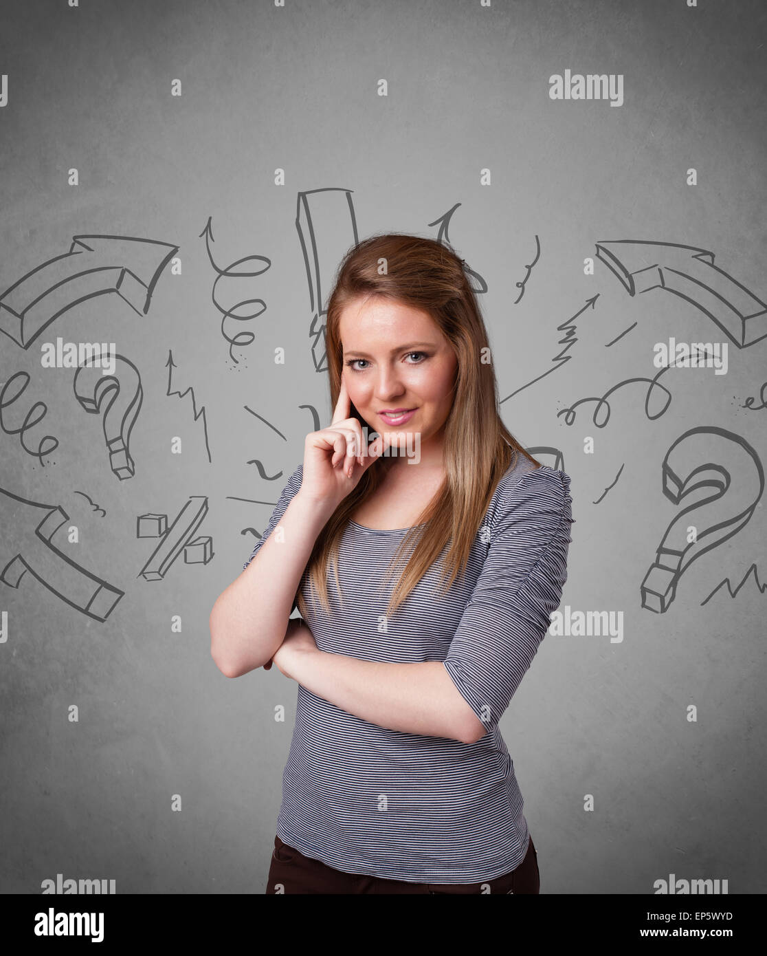 Cute young girl with question sign doodles Stock Photo - Alamy