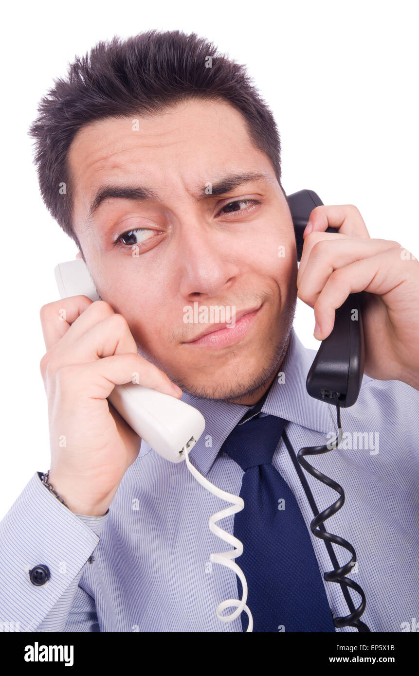 Crazy man with phone on white Stock Photo - Alamy