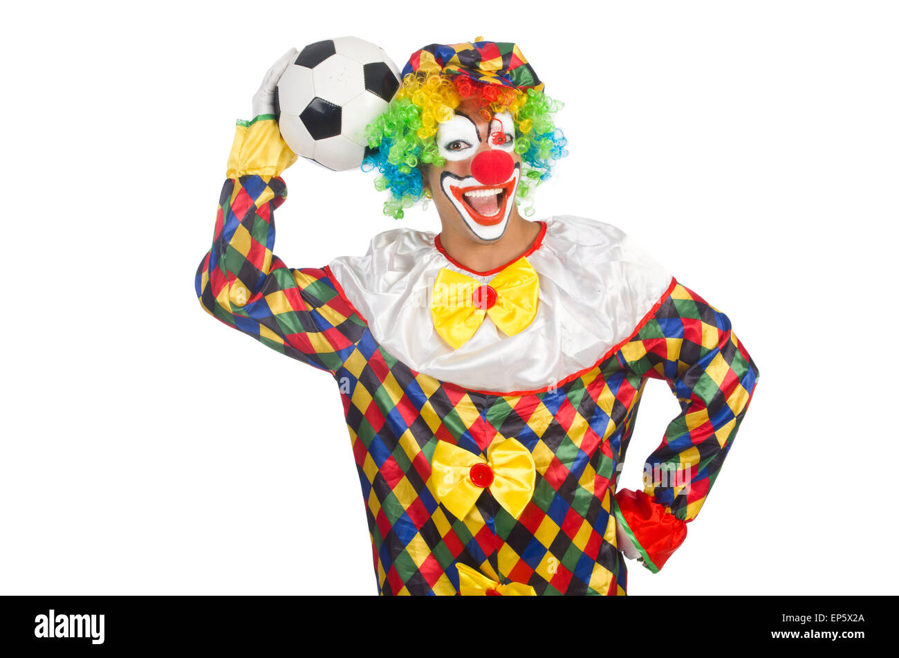 Clown with football ball on white Stock Photo - Alamy