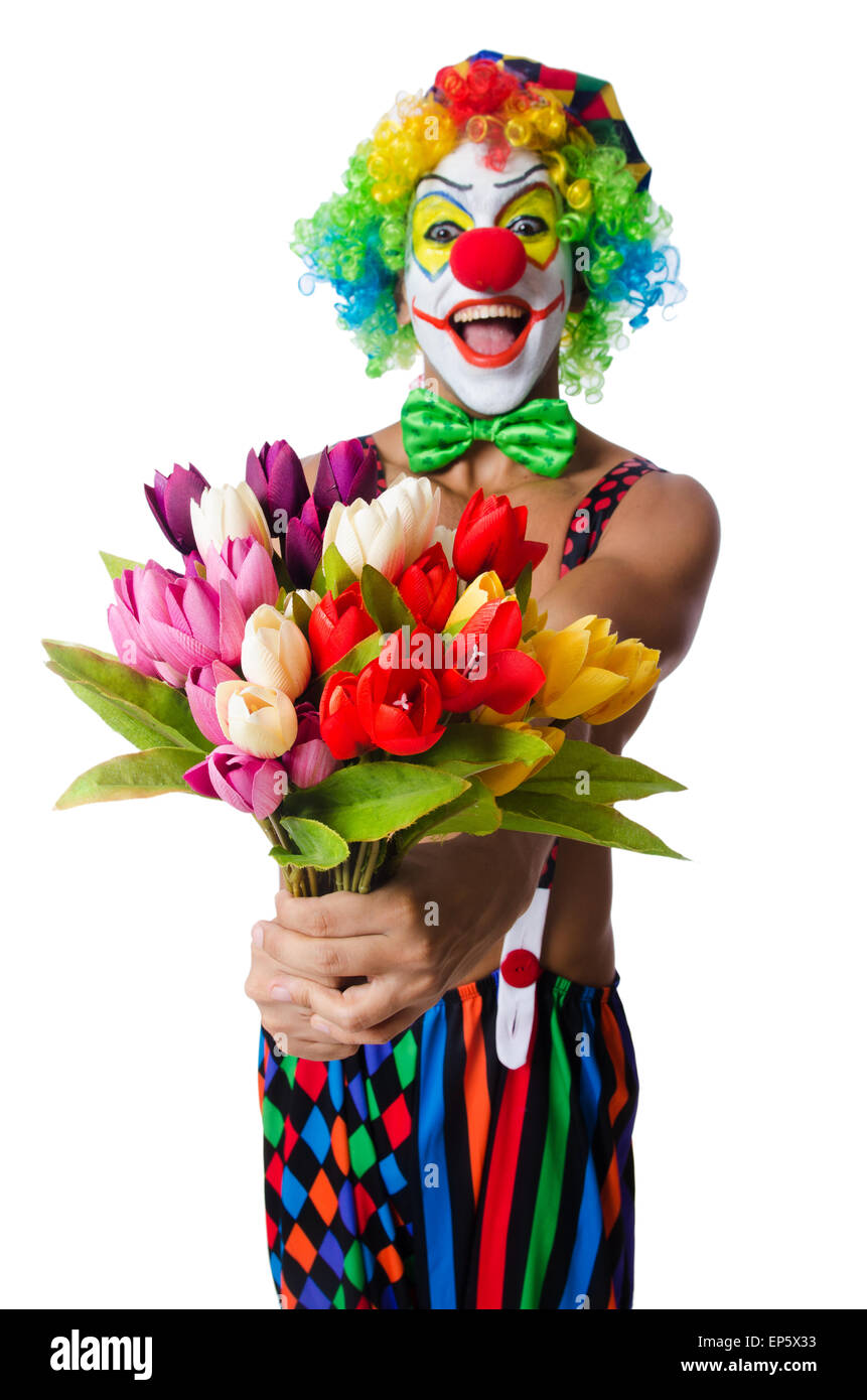 Clown with flowers on white Stock Photo - Alamy
