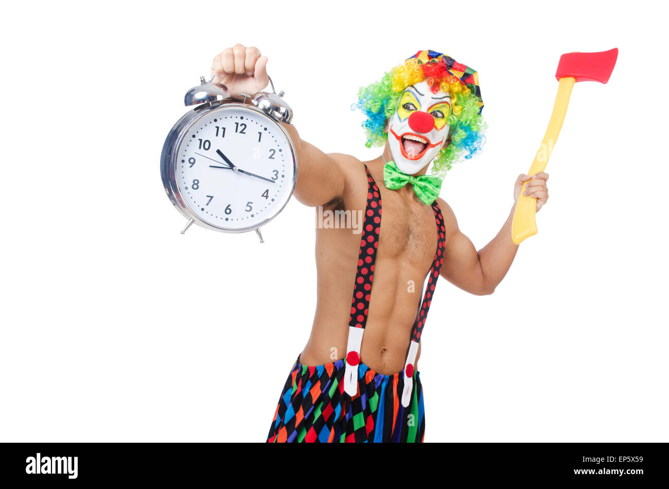 Clown with clock and axe on white Stock Photo - Alamy