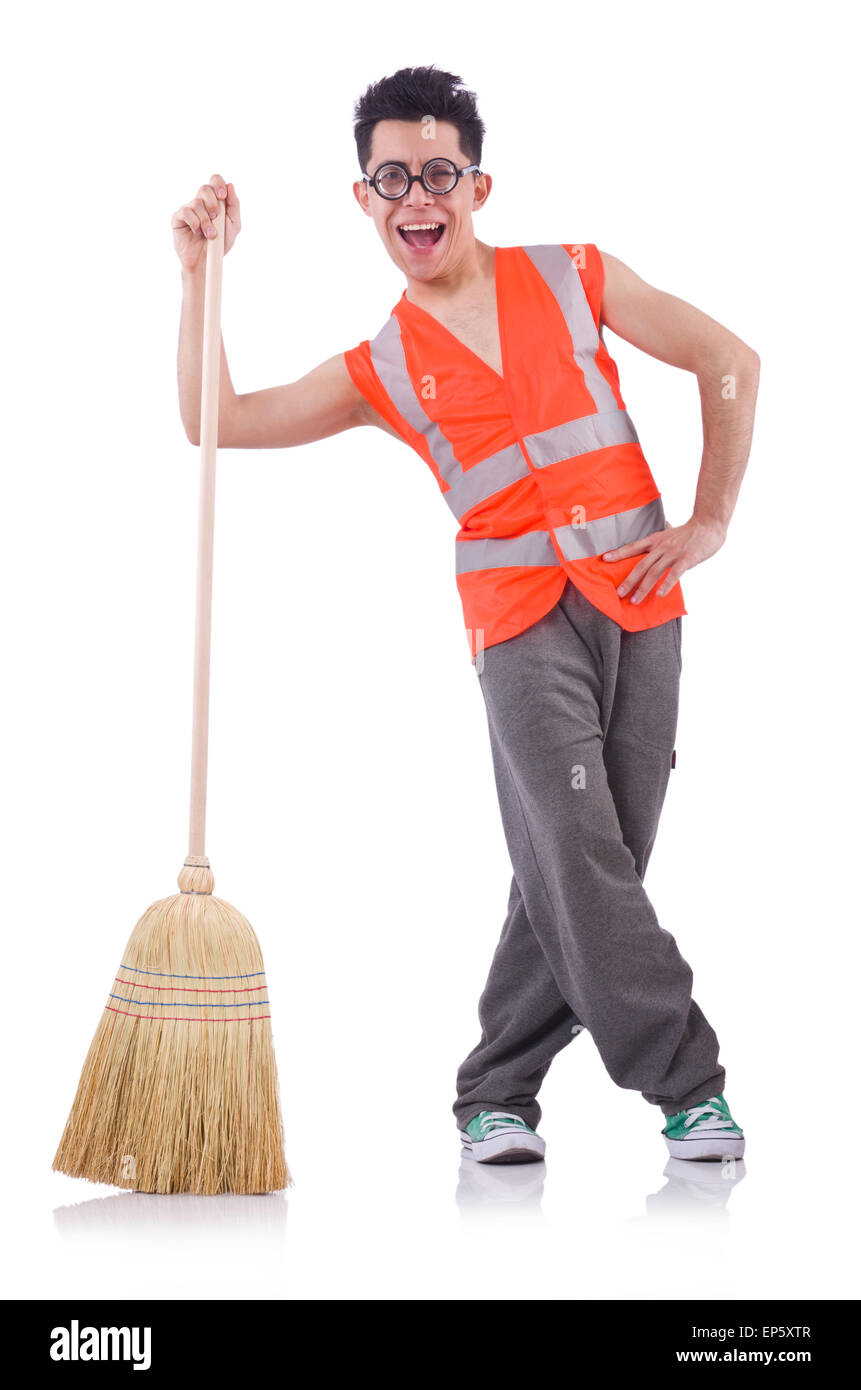 Funny janitor isolated on white Stock Photo - Alamy