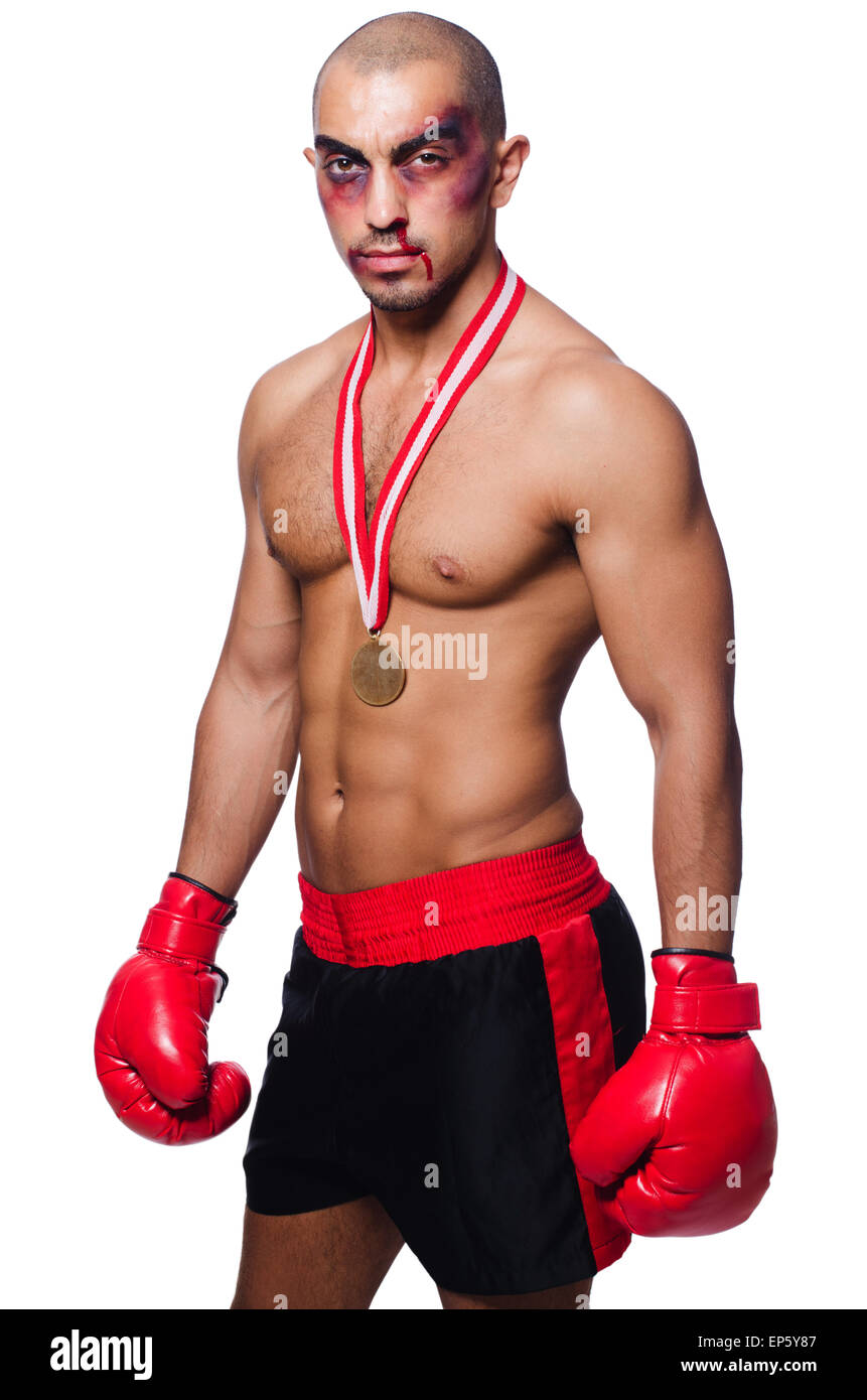 Badly beaten boxer isolated on white Stock Photo - Alamy