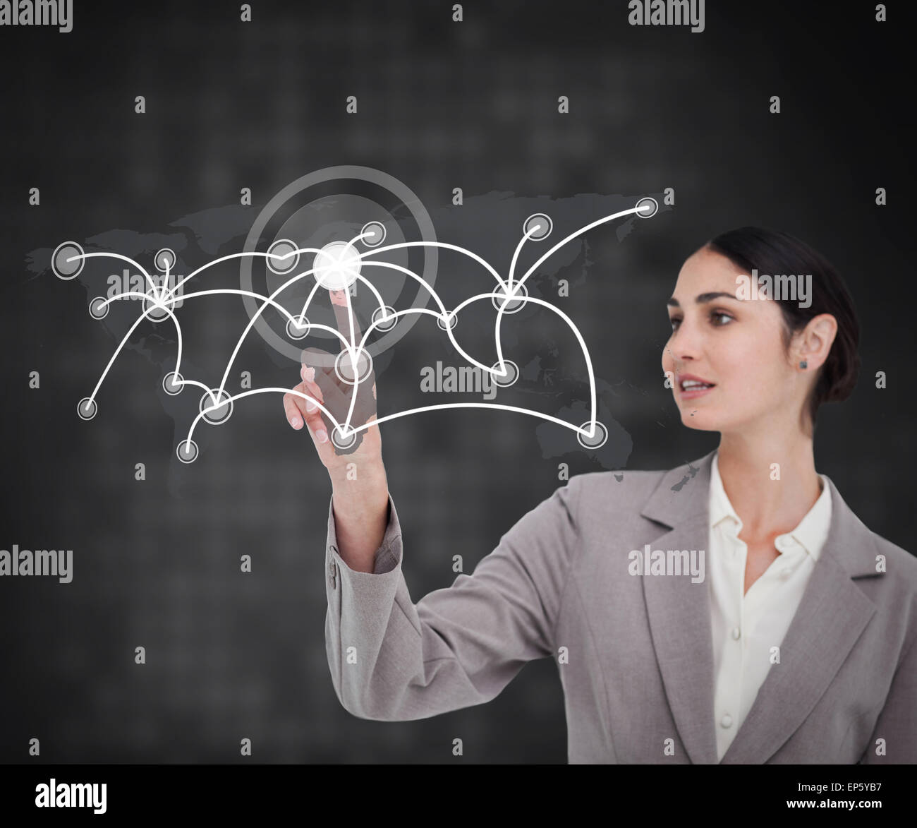 Businesswomans finger touching screen against a background Stock Photo ...