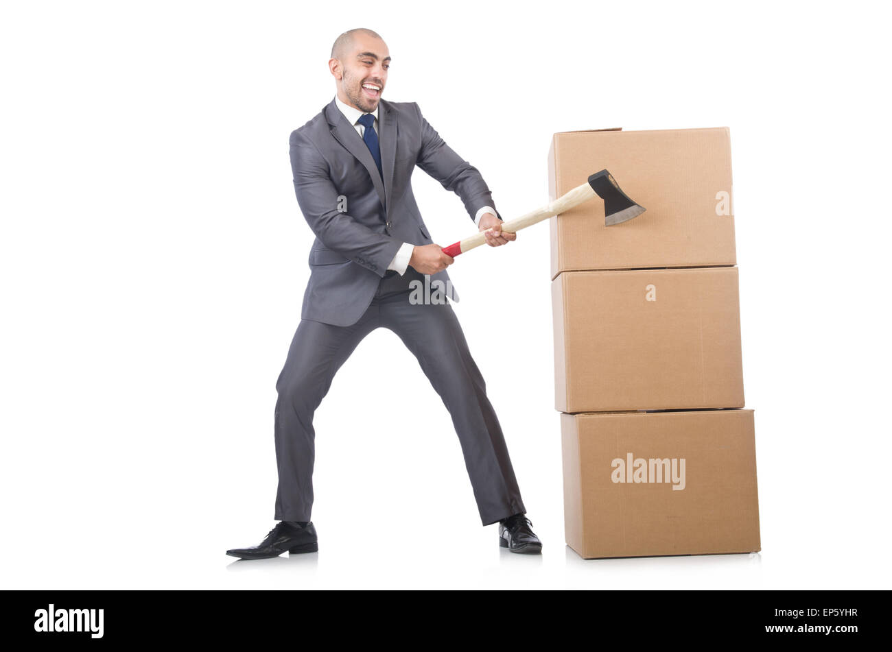 Man with axe and boxes on white Stock Photo - Alamy