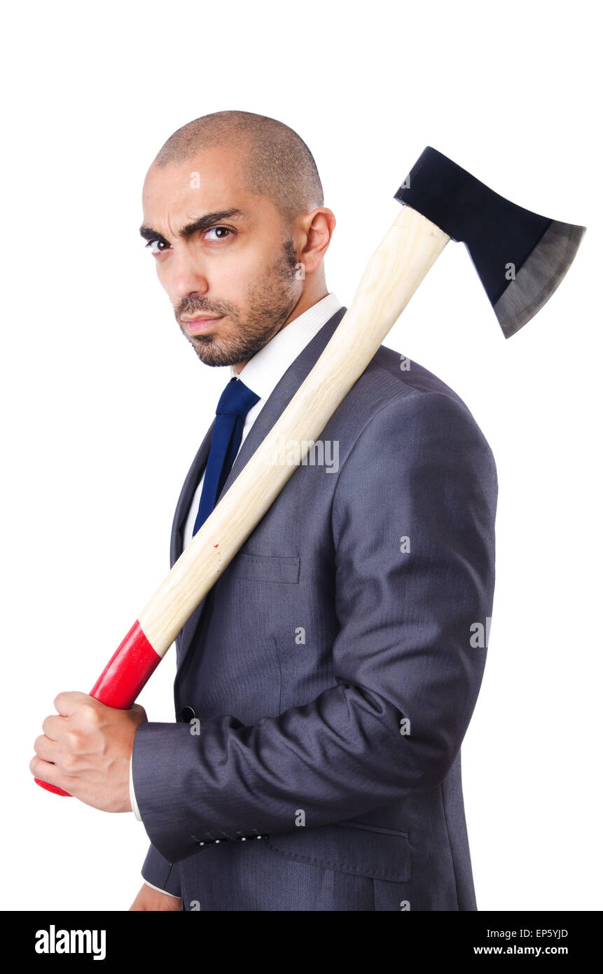 Funny businessman with axe on white Stock Photo - Alamy