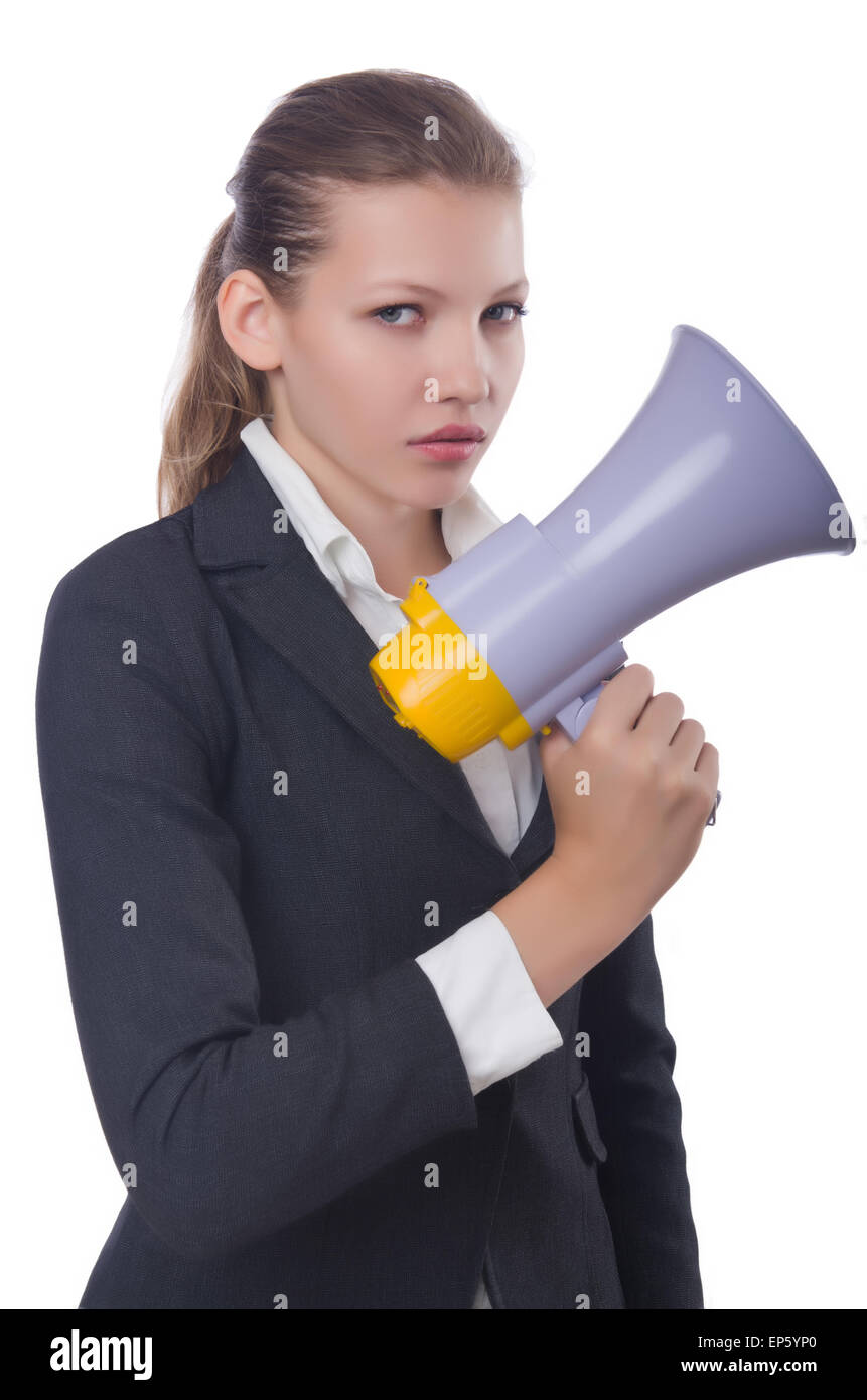 Woman with loudspeaker on white Stock Photo - Alamy