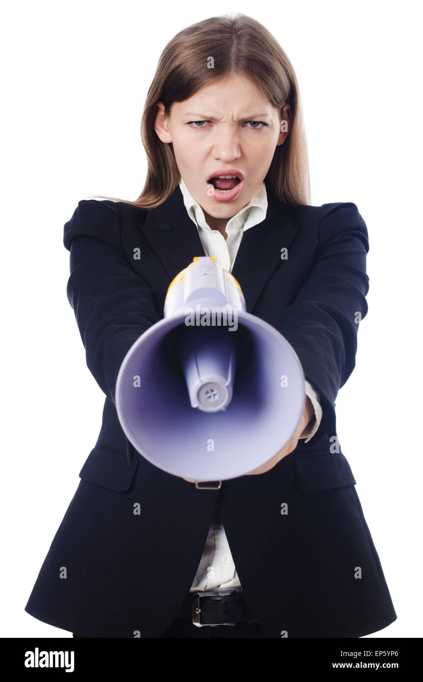 Woman with loudspeaker on white Stock Photo - Alamy