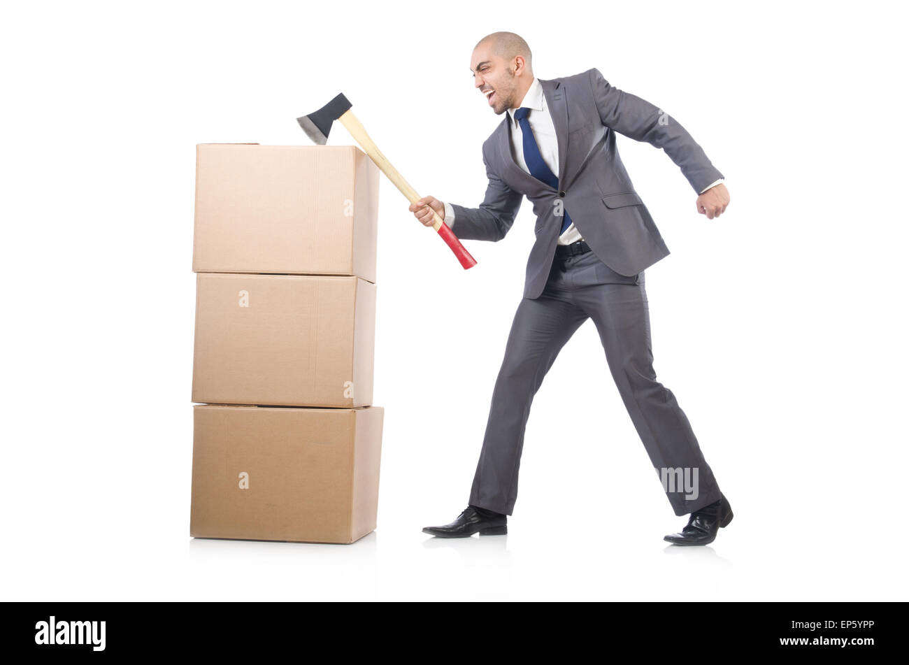 Man with axe and boxes on white Stock Photo - Alamy