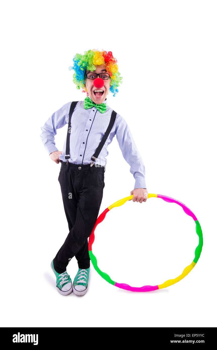 Funny clown with hula hoop on white Stock Photo - Alamy