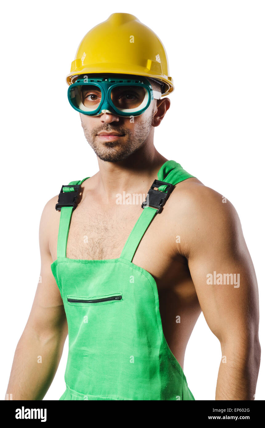 Man in green coveralls with goggles Stock Photo - Alamy