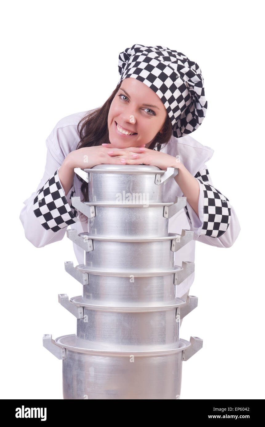 Cook with stack of pots on white Stock Photo - Alamy