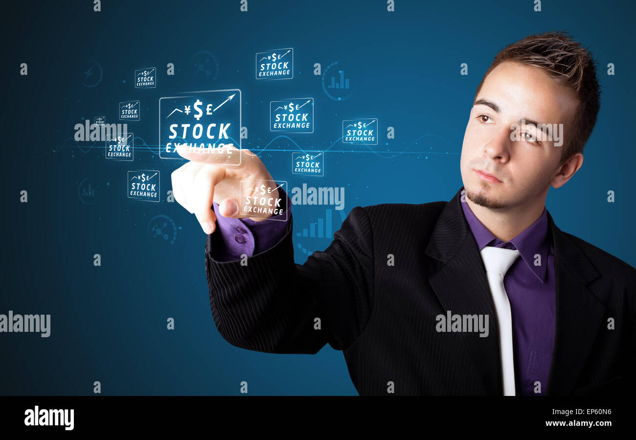 Businessman pressing modern business type of buttons Stock Photo - Alamy