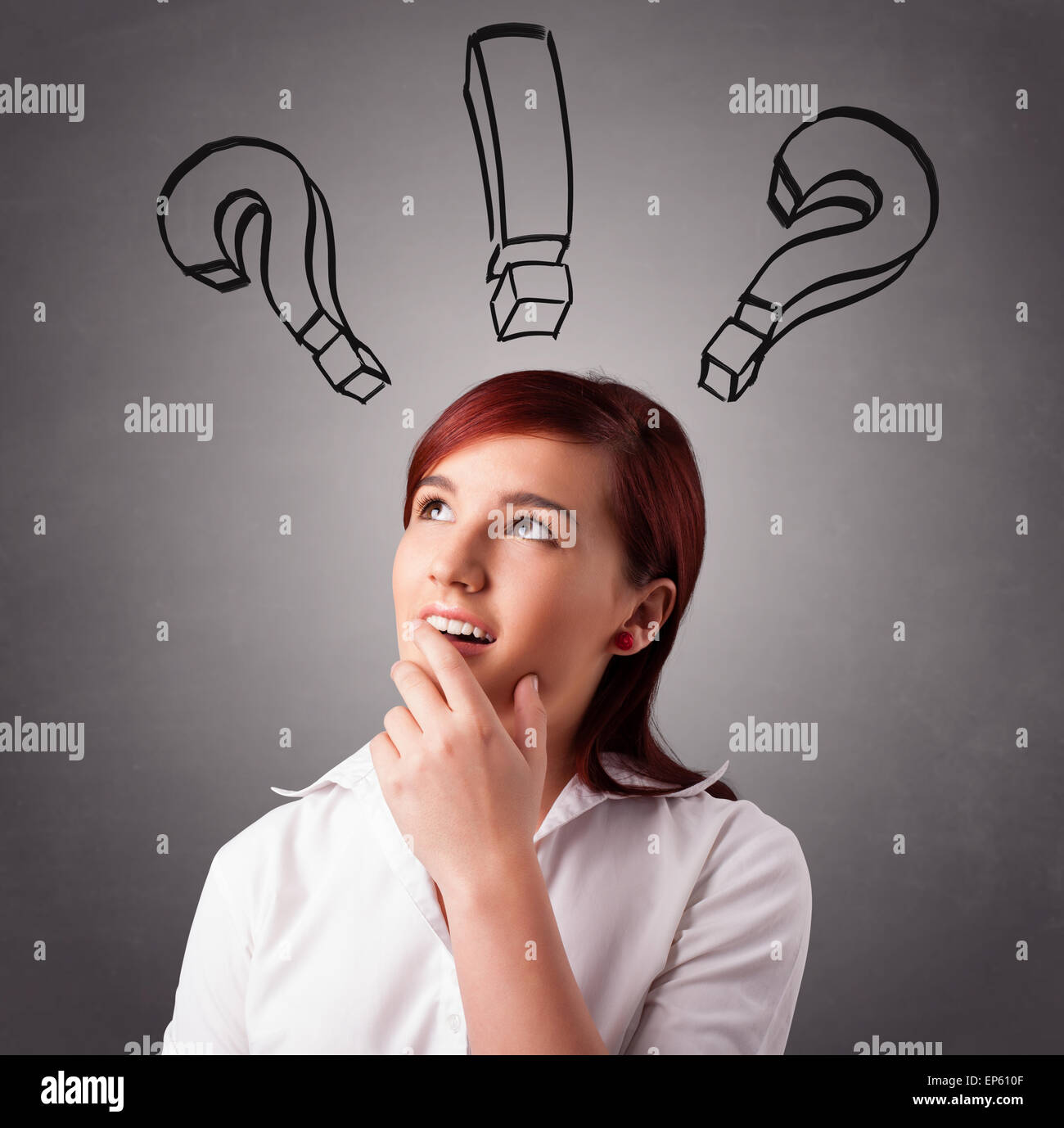 Young lady thinking with question marks overhead Stock Photo - Alamy