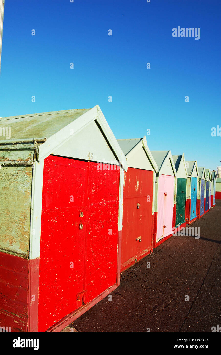 Colorful beach huts in a row on Hove seafront near Brighton East Sussex ...
