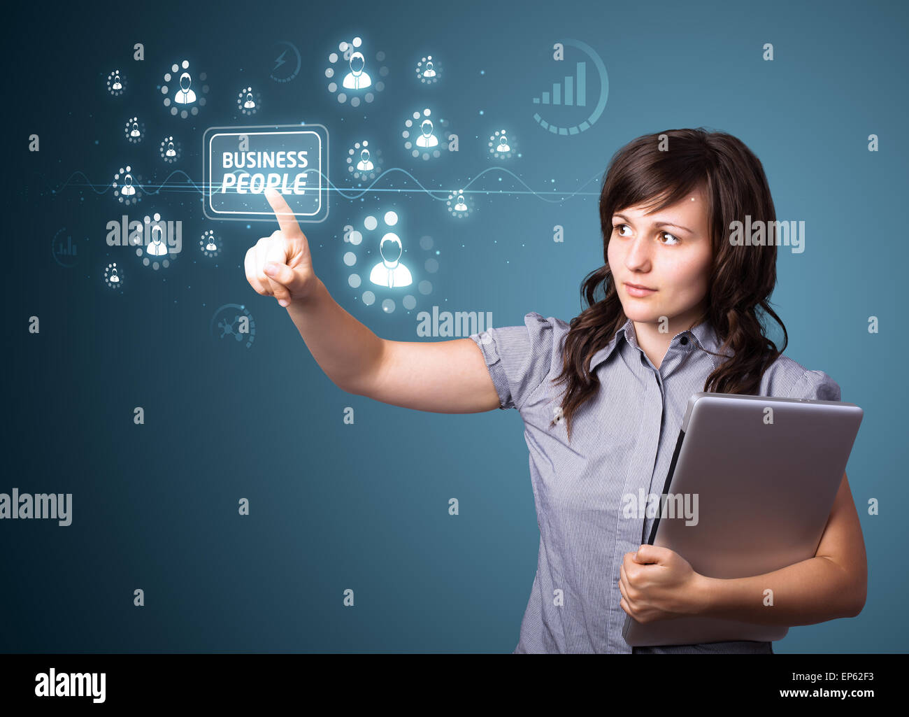 Businesswoman pressing modern business type of buttons Stock Photo - Alamy