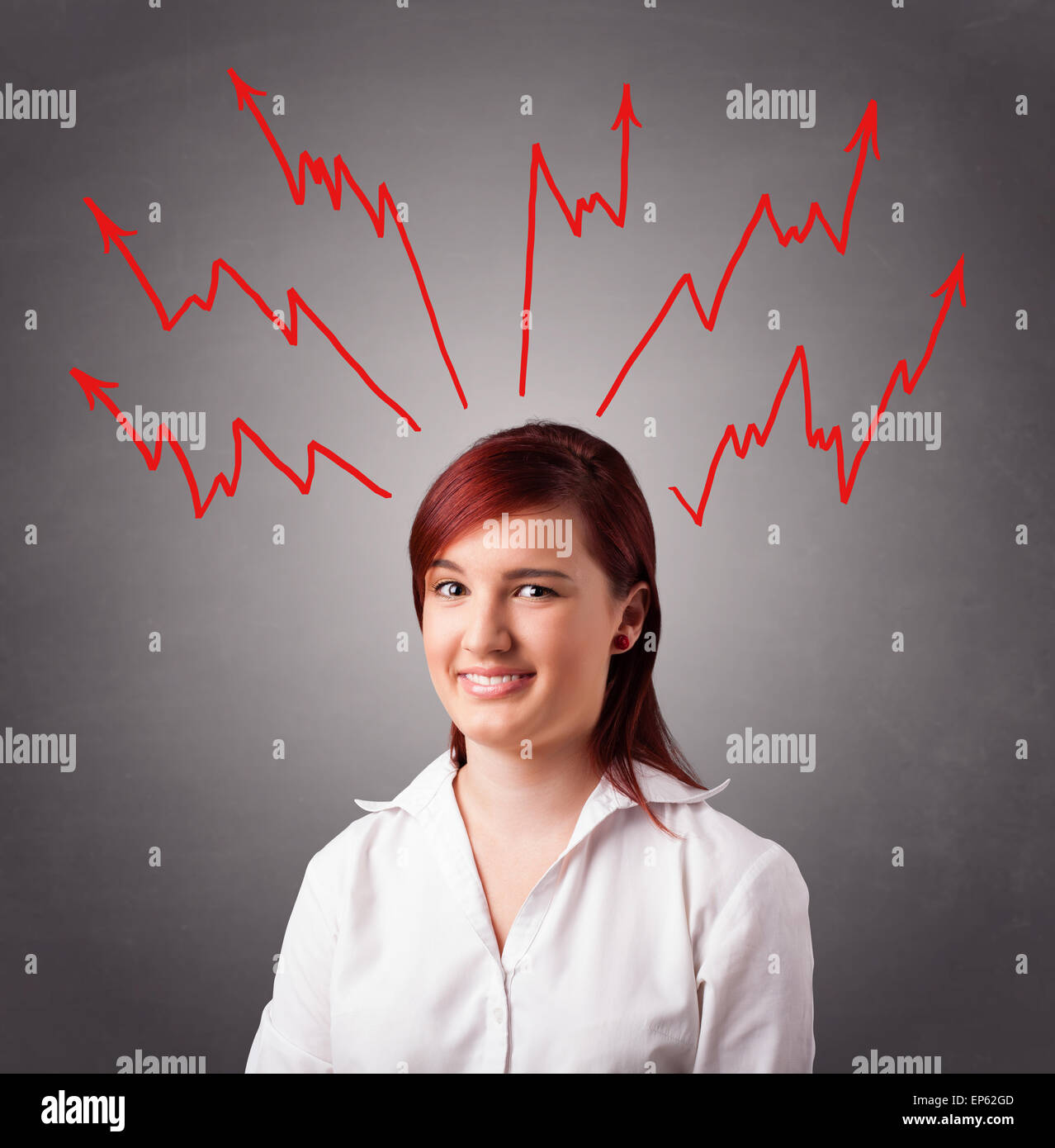 Young woman thinking with arrows overhead Stock Photo - Alamy