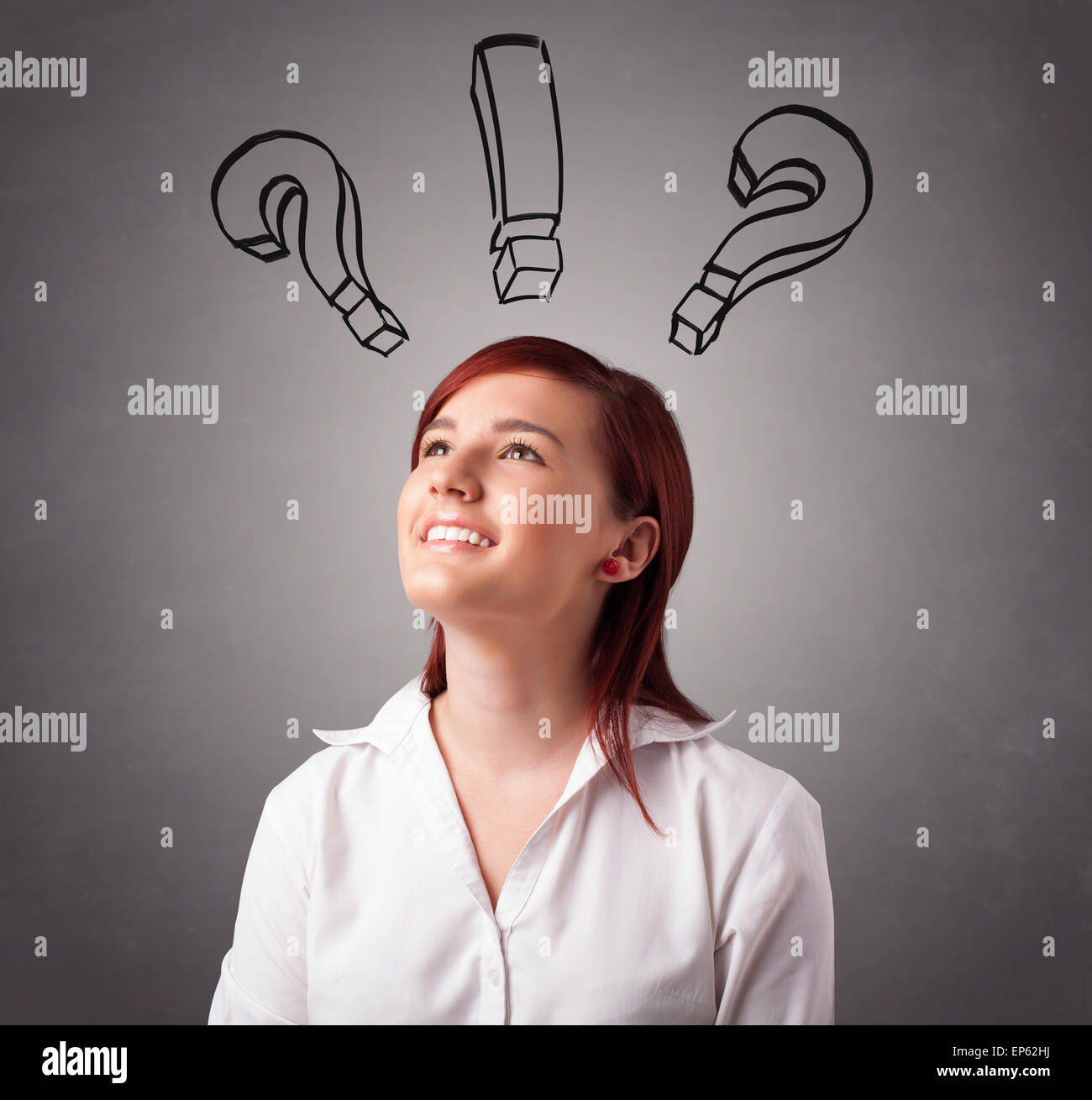 Young lady thinking with question marks overhead Stock Photo - Alamy