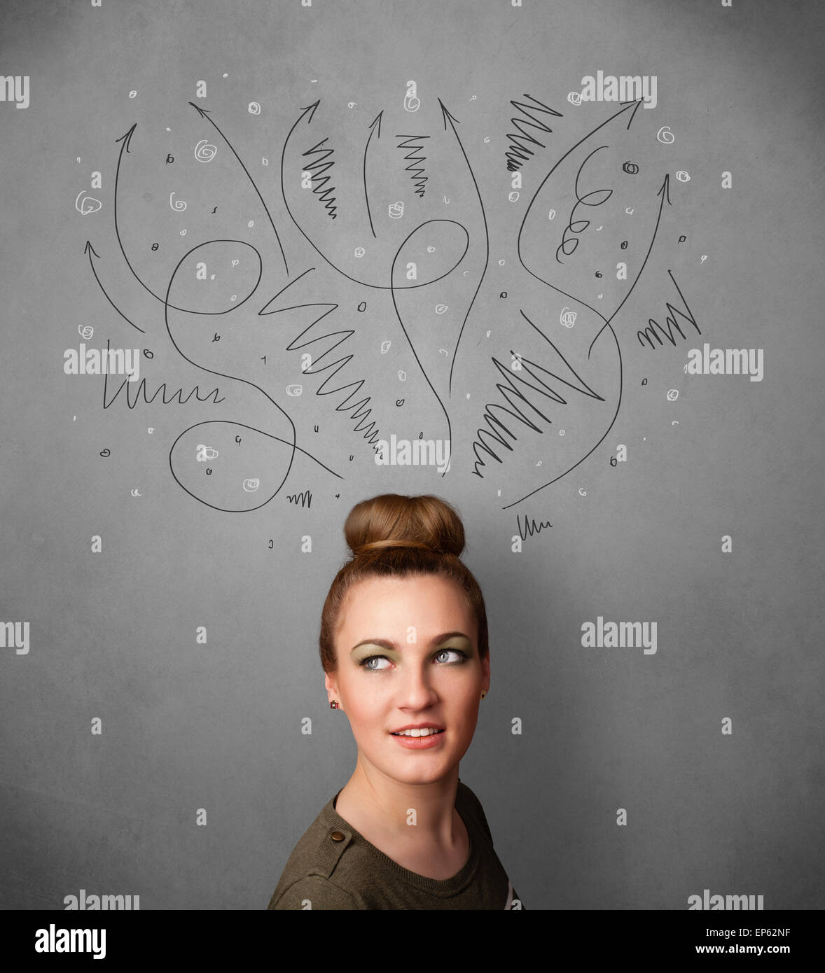 Young woman thinking with arrows over her head Stock Photo - Alamy