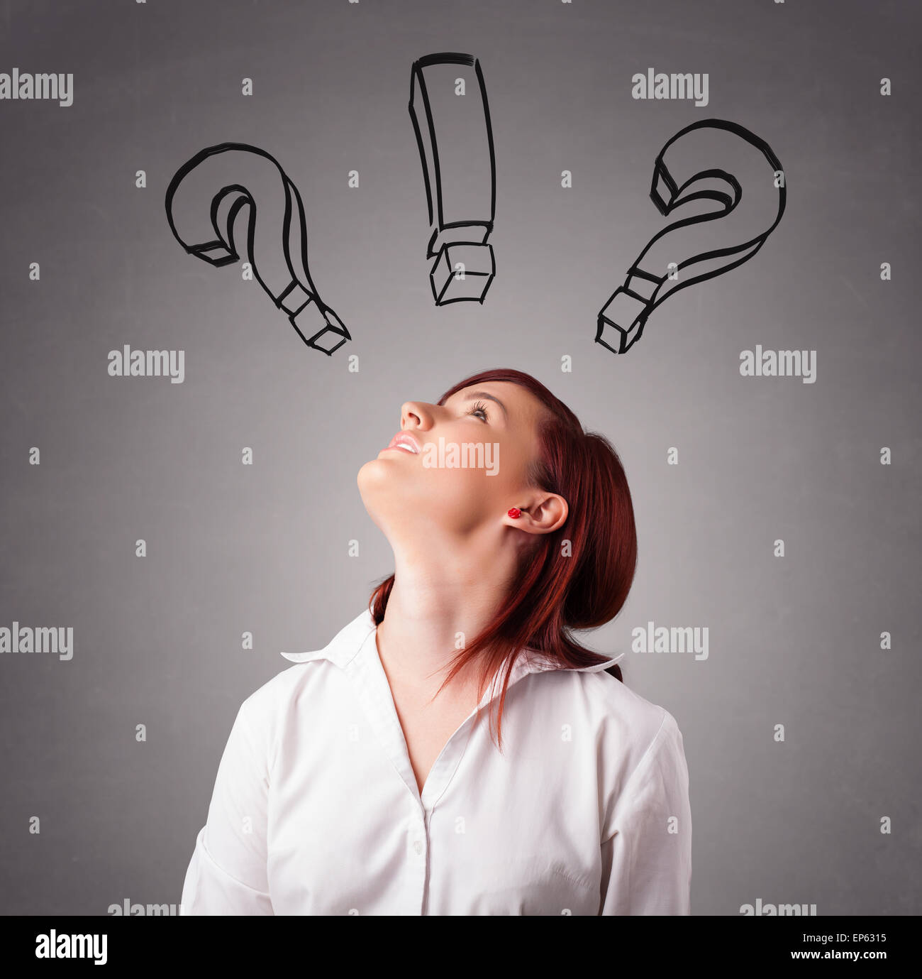 Young lady thinking with question marks overhead Stock Photo - Alamy