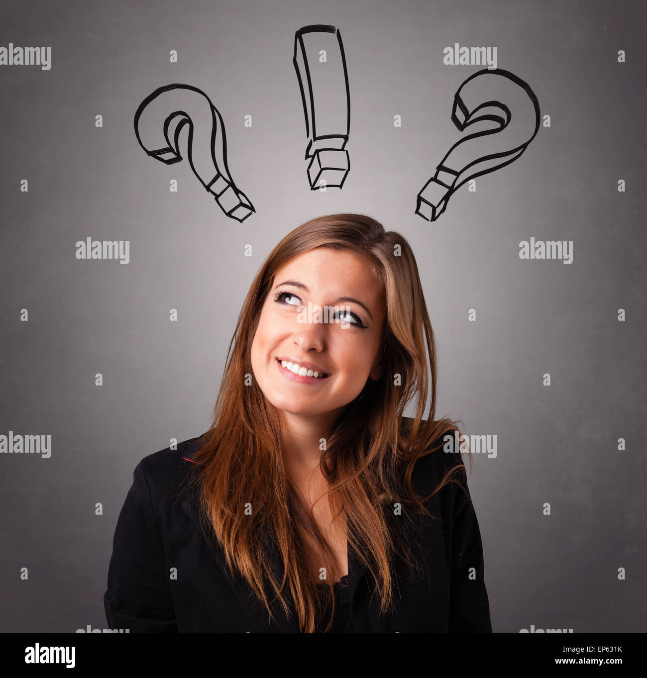 Young lady thinking with question marks overhead Stock Photo - Alamy