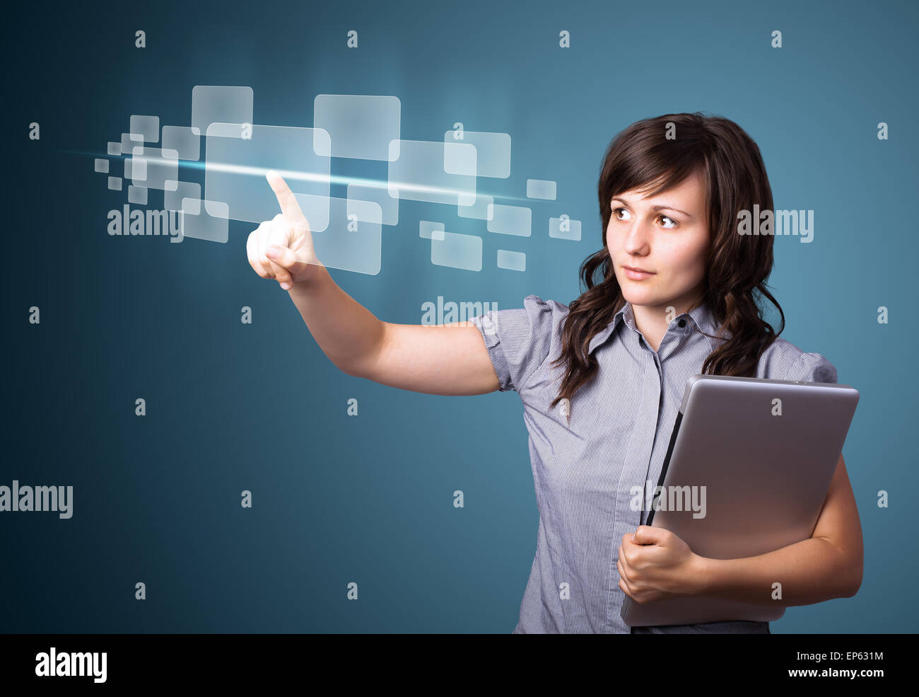Businesswoman pressing high tech type of modern buttons Stock Photo - Alamy
