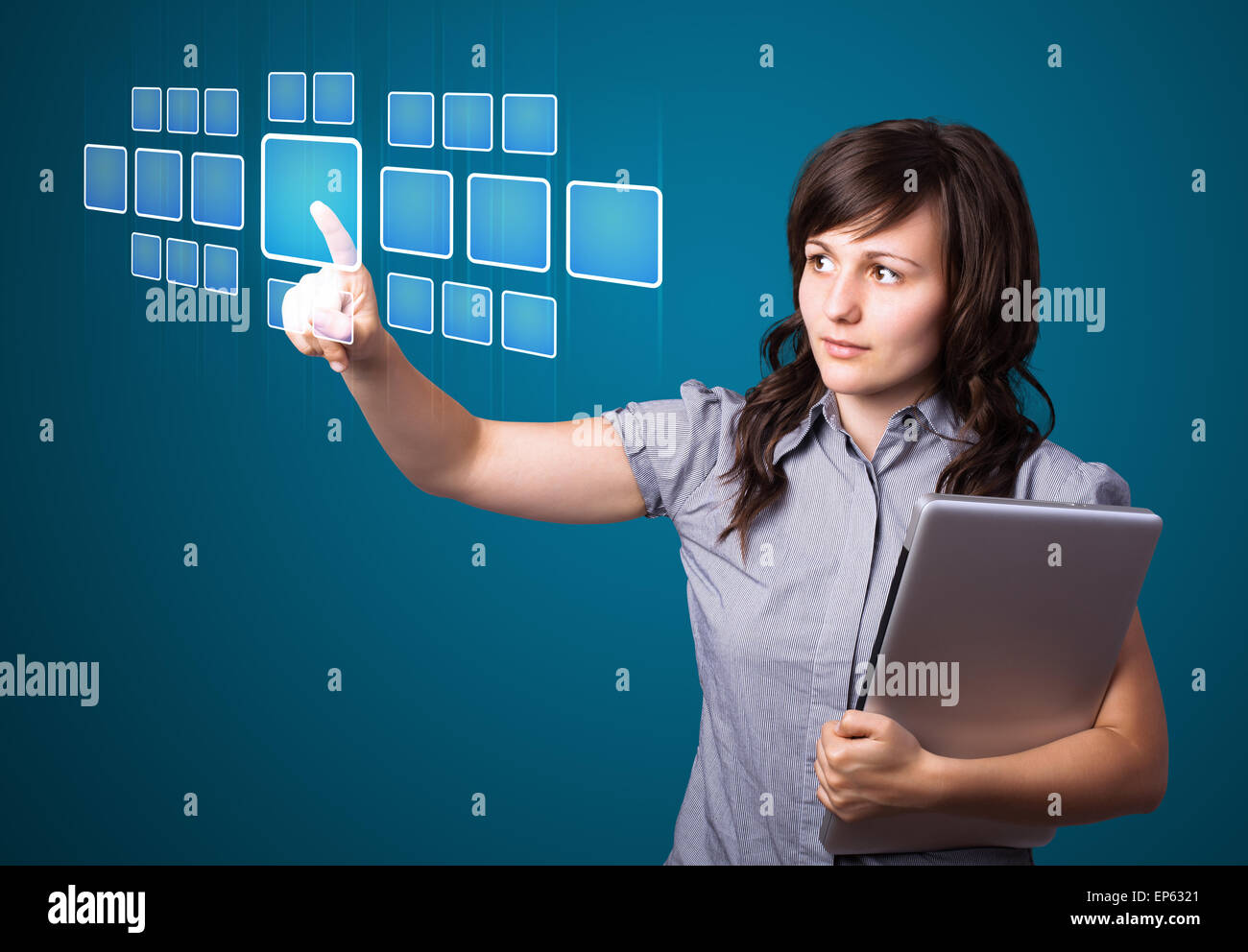 Businesswoman pressing high tech type of modern buttons Stock Photo - Alamy