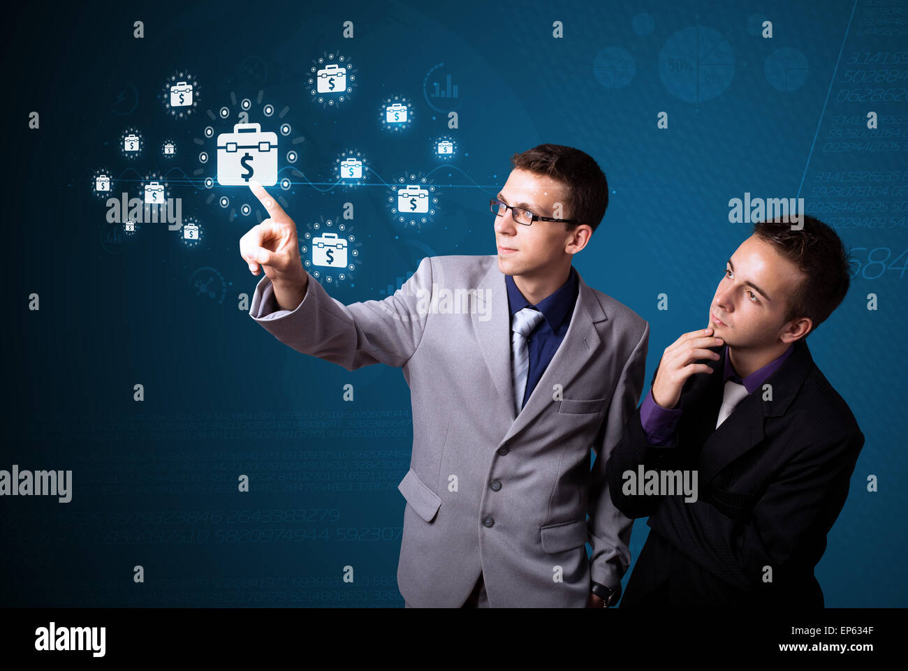 Businessman pressing modern business type of buttons Stock Photo - Alamy