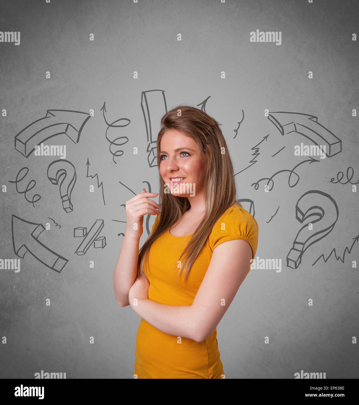 Cute young girl with question sign doodles Stock Photo - Alamy