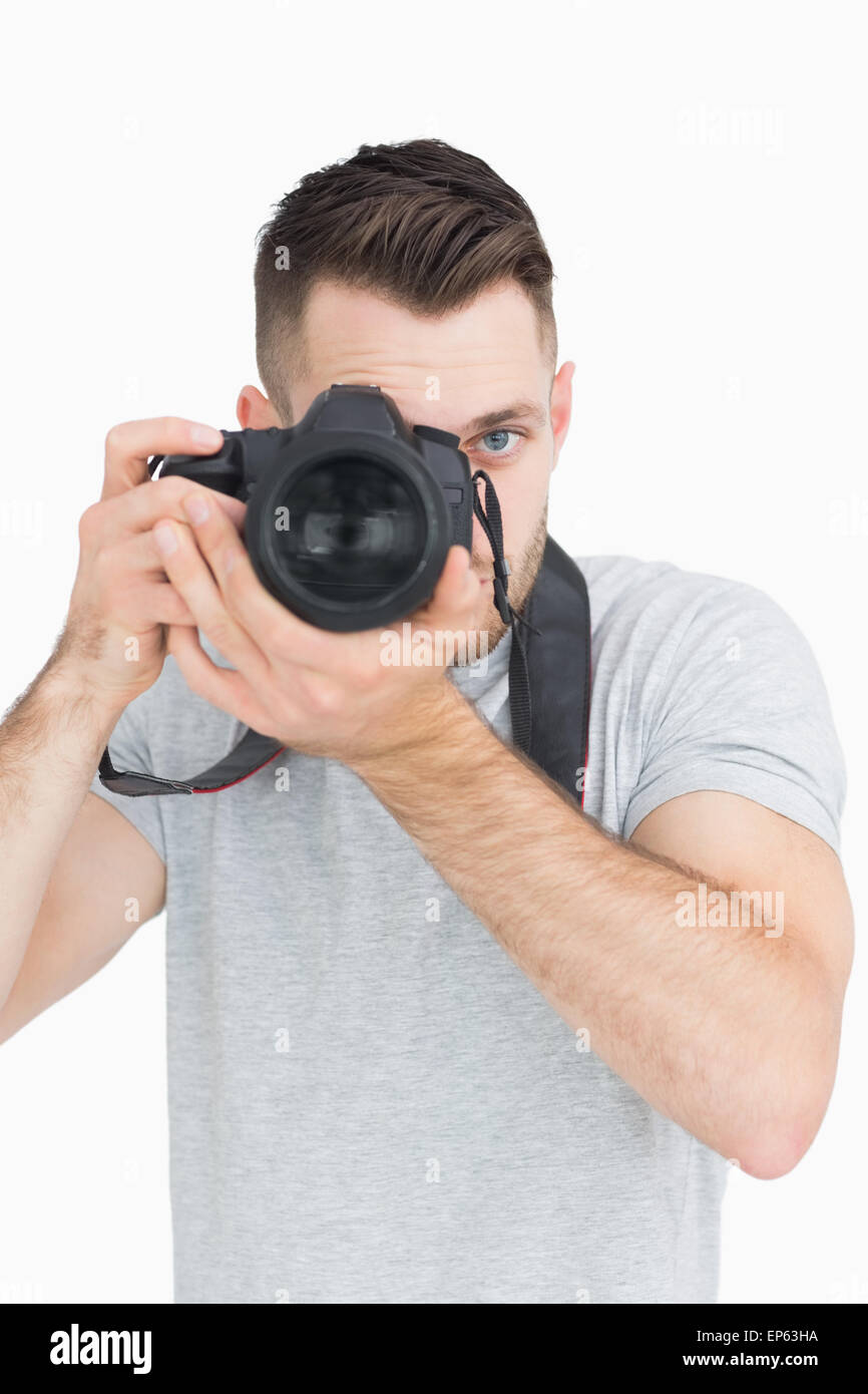 Portrait of male photographer with photographic camera Stock Photo - Alamy